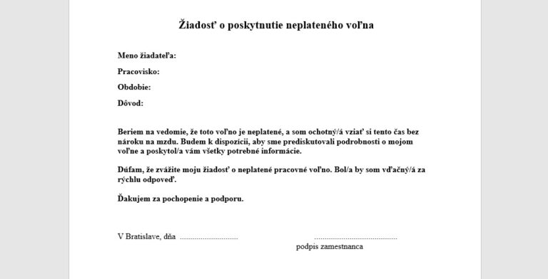 Žiadosť o neplatené voľno – náhrada mzdy, vzor a odvody - Medium.sk